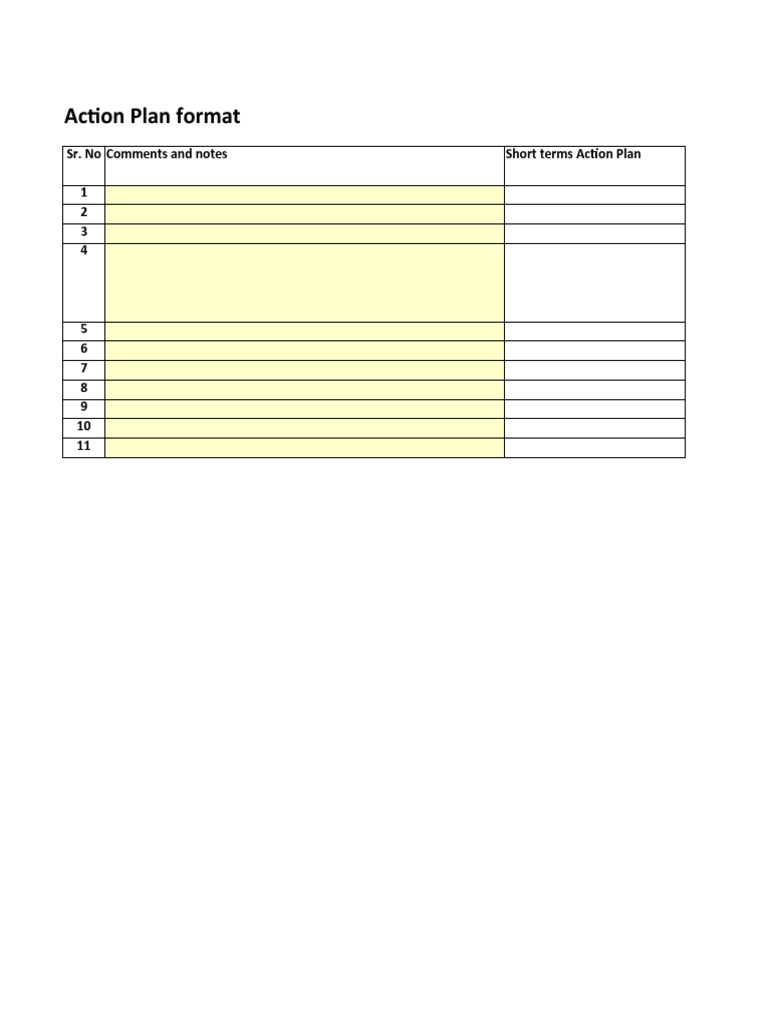 Action Plan Format: Sr. No Comments and Notes Short Terms Action Plan 1 ...