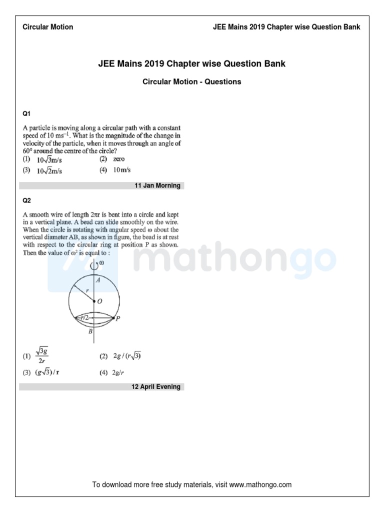 JEE Mains 2019 Chapter Wise Question Bank: Circular Motion - Questions | PDF
