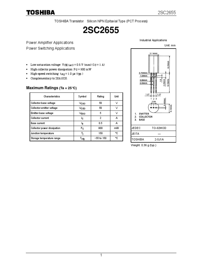 2SC2655 NPN Transistor Specs | PDF | Bipolar Junction Transistor | Electrical Components