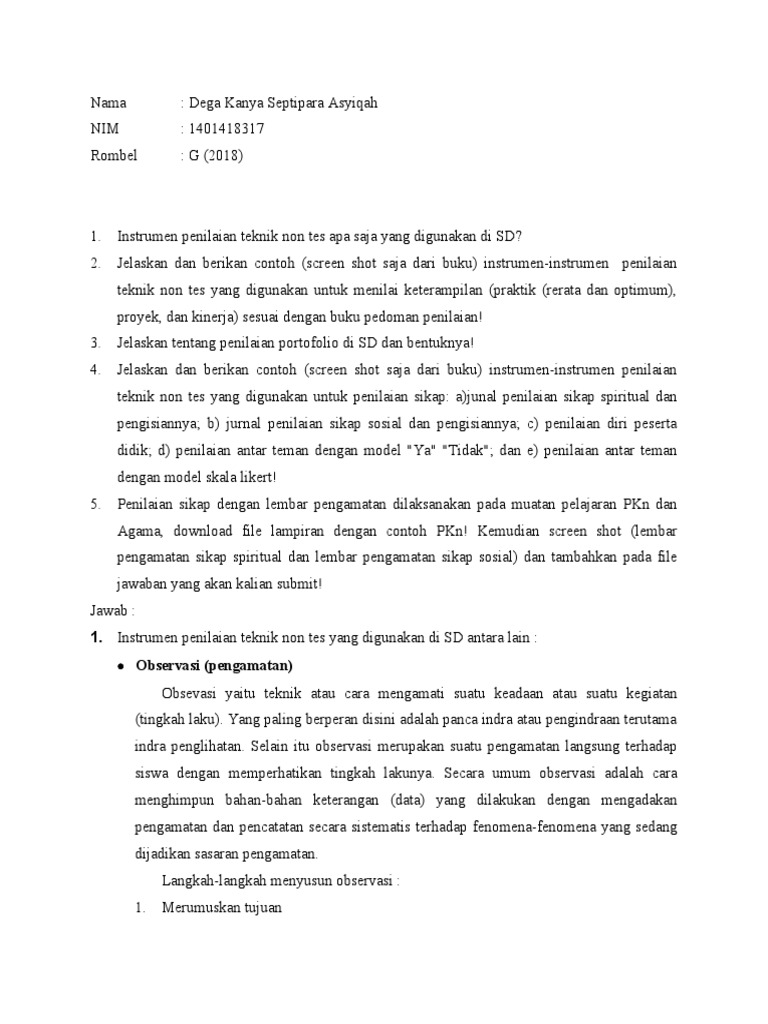 Instrumen Penilaian Non Tes di SD | PDF | Karier & Perkembangan ...