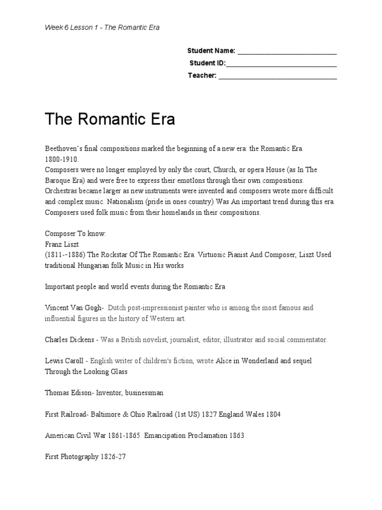 Week 6 Lesson 1 - The Romantic Era | PDF | Composers | Romantic Music