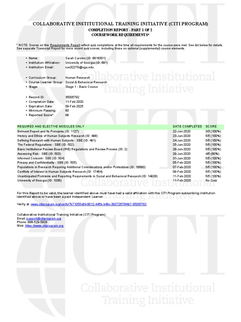 Citi Completion Report | PDF | Institutional Review Board ...