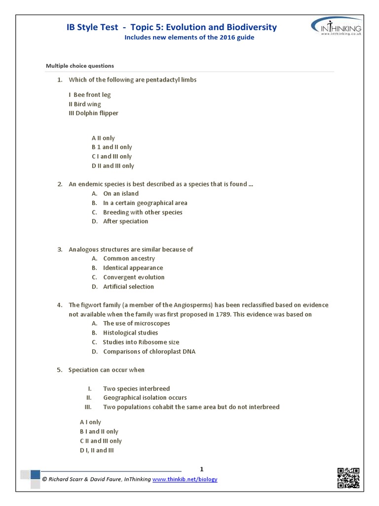 IB Style Test - Topic 5: Evolution and Biodiversity: Includes New ...