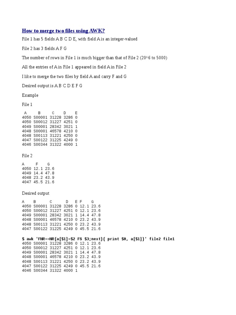How To Merge Two Files Using AWK Awk FNR NR A 1 2 FS 3 Next