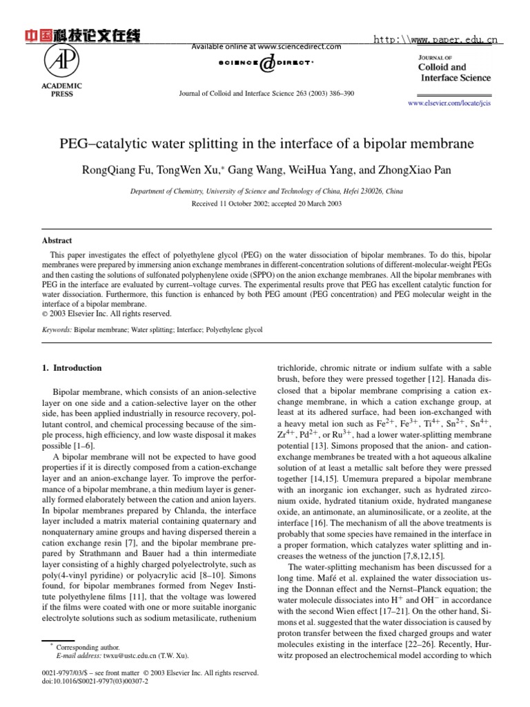 PEG-catalytic Water Splitting in The Interface of A Bipolar Membrane ...