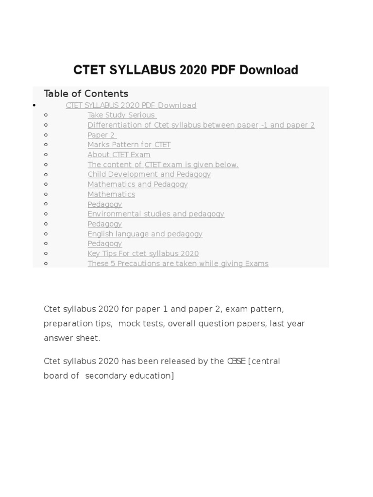 CTET SYLLABUS 2020 PDF Download | PDF | Test (Assessment) | Child ...