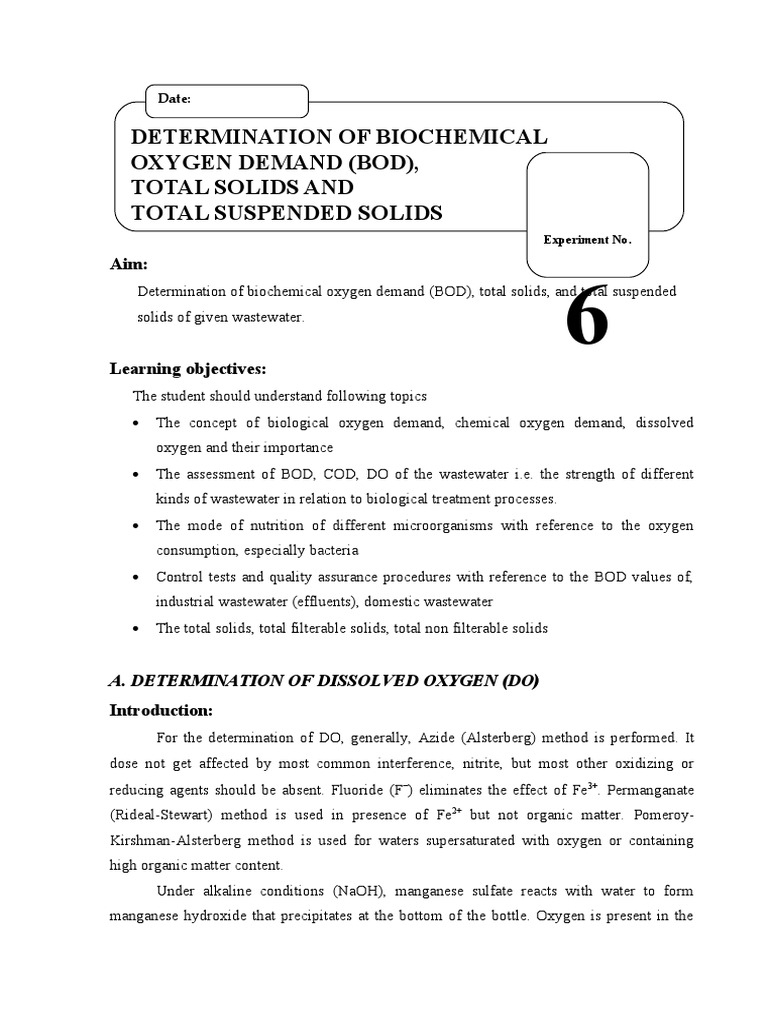 VNB EXPT 6 Determination of The BOD COD DO C | PDF | Chemistry | Physical Sciences