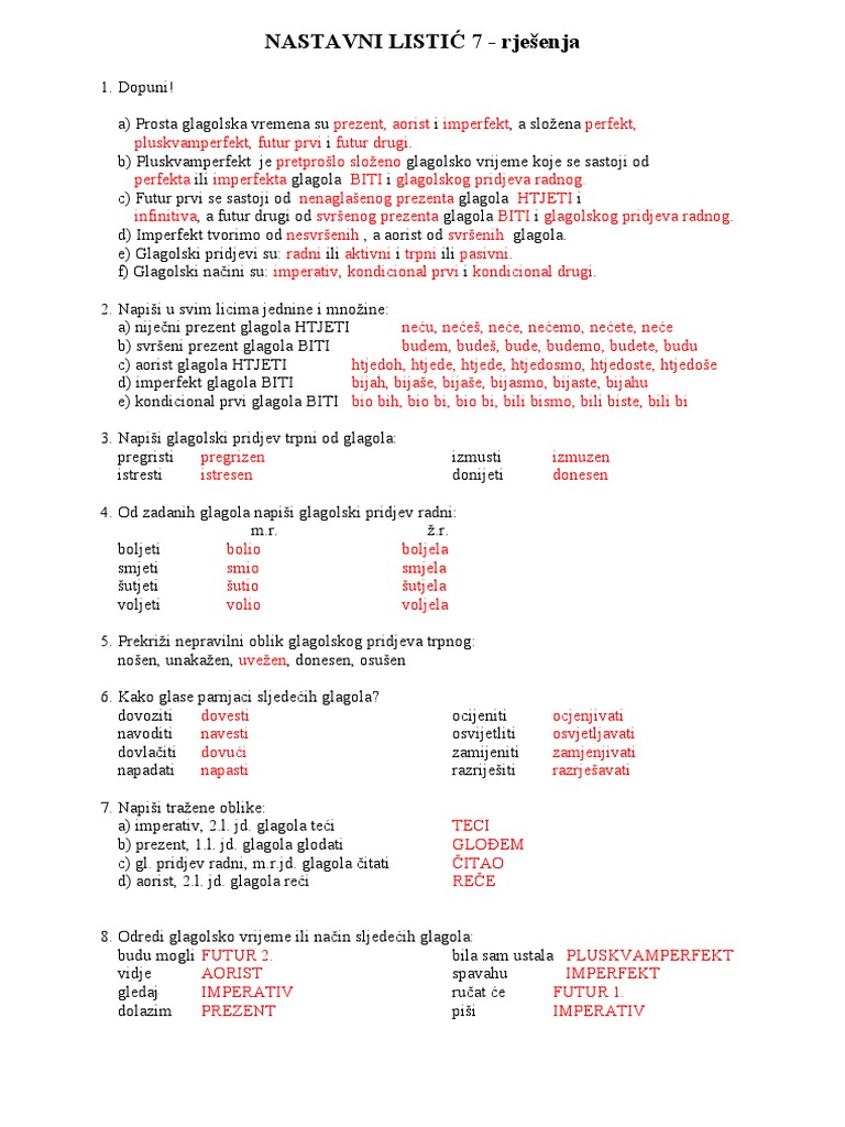 Glagolski Oblici (Listić) | PDF