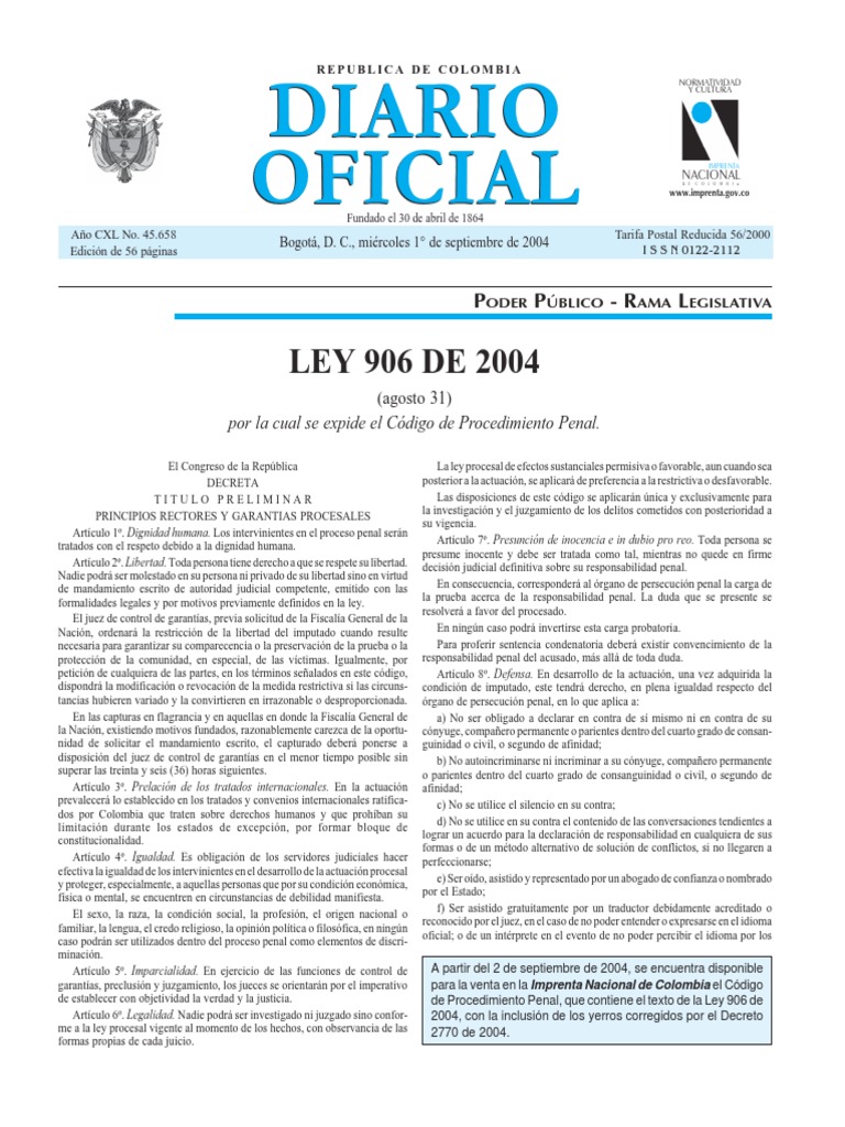 LEY 906 DE 2004: NUEVO CÓDIGO DE PROCEDIMIENTO PENAL DE COLOMBIA | PDF ...
