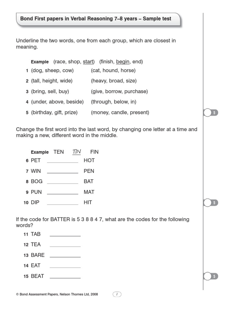 7 8 Verbal Reasoning Bond 1st Level Paper PDF | PDF