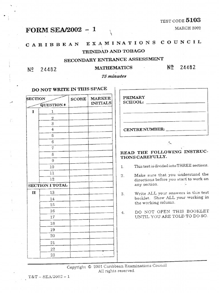 TEST CODE 51G3 SECONDARY ENTRANCE ASSESSMENT MATHEMATICS | PDF | Nature ...