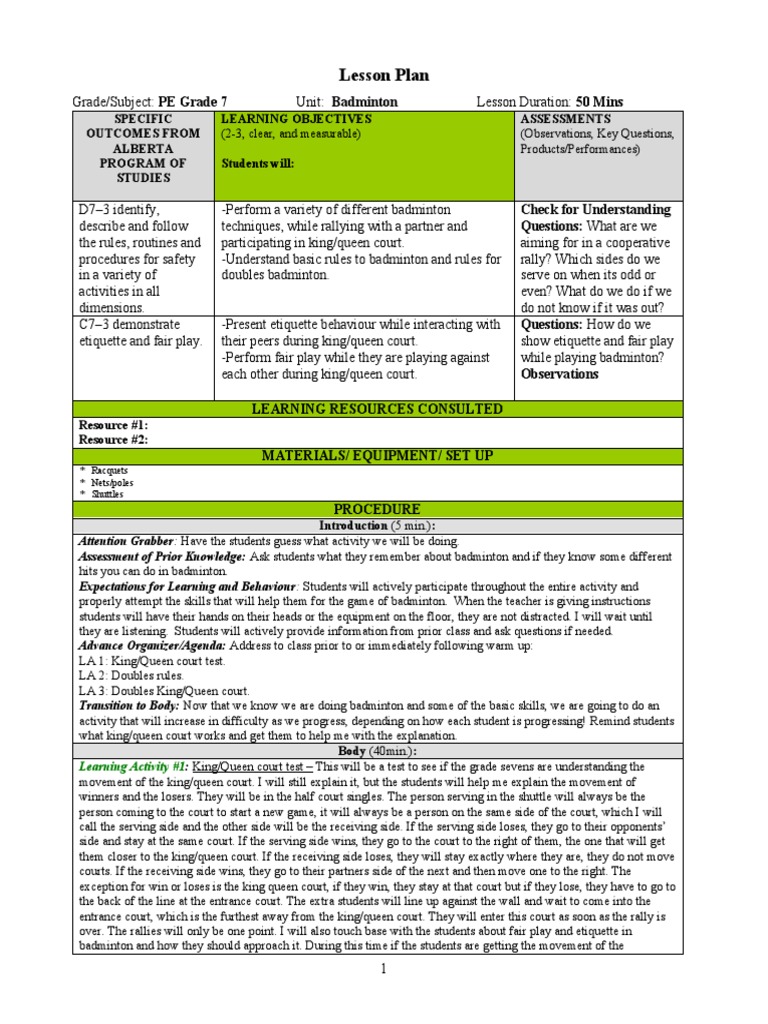 Badminton Doubles Rules Lesson Plan GR | PDF | Lesson Plan ...
