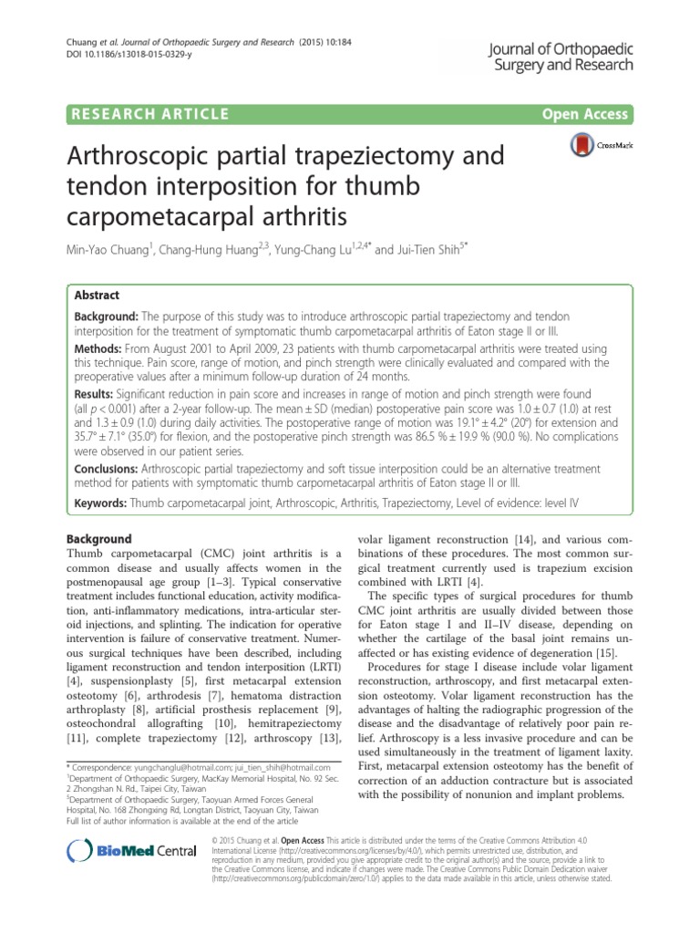 Arthroscopic Partial Trapeziectomy and Tendon Interposition For Thumb ...