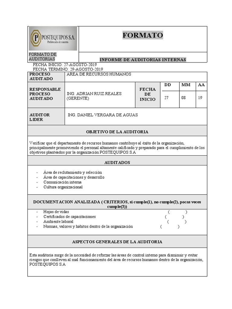 Formato Auditoria Interna | PDF | Auditoría | Gestión de recursos humanos