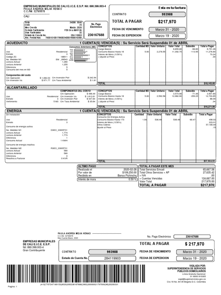 Factura Emcali Marzo | PDF | Dinero | Servicios financieros