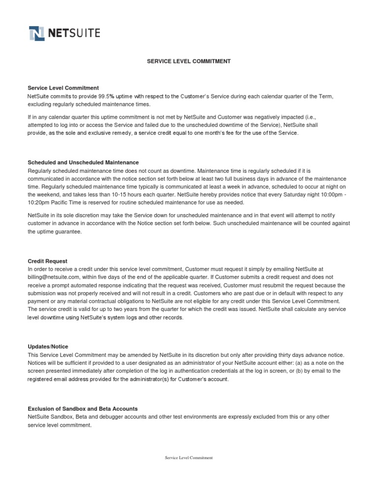 Netsuite Service Level Commitment | PDF | Credit | Finance & Money ...
