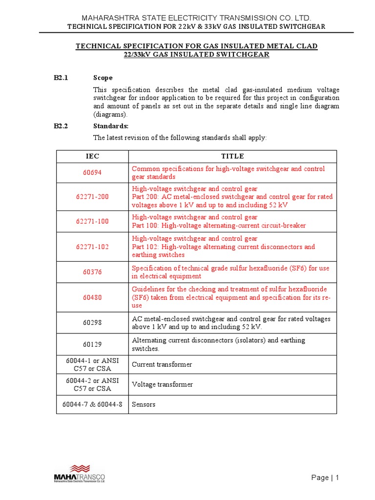 22kV & 33kV GIS Switchgear Specification | PDF | Insulator (Electricity ...