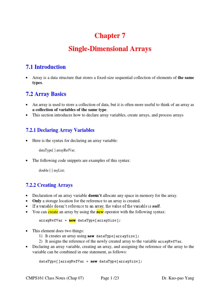 Single-Dimensional Arrays: 7.2.1 Declaring Array Variables | PDF ...