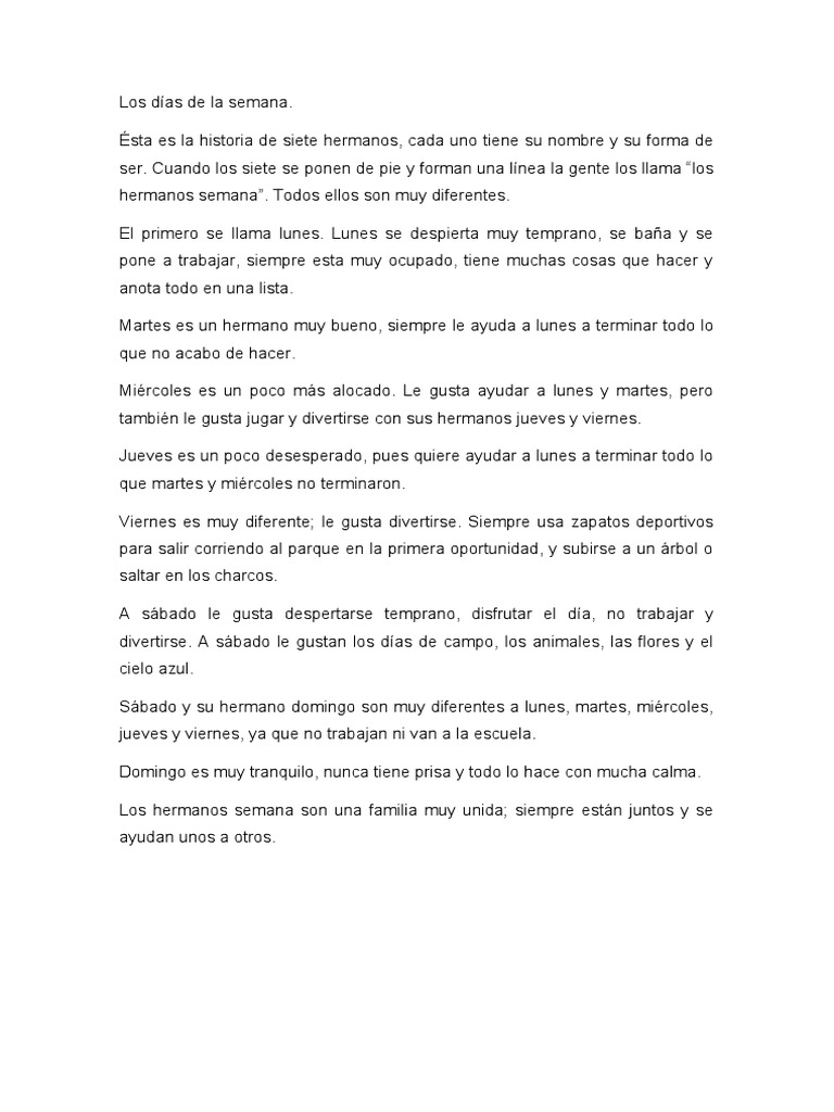 Cuento de los días de la semana | PDF | Artes del Lenguaje y ...