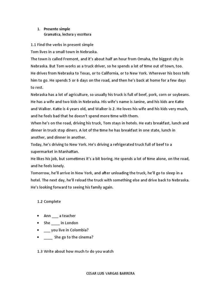 Presente Simple Gramatica, Lectura y Escritura | PDF