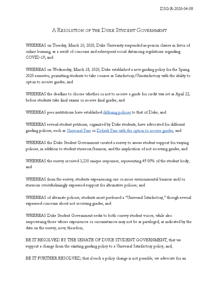 Original DSG Resolution On Duke's Grading Policy | PDF | Behavior ...