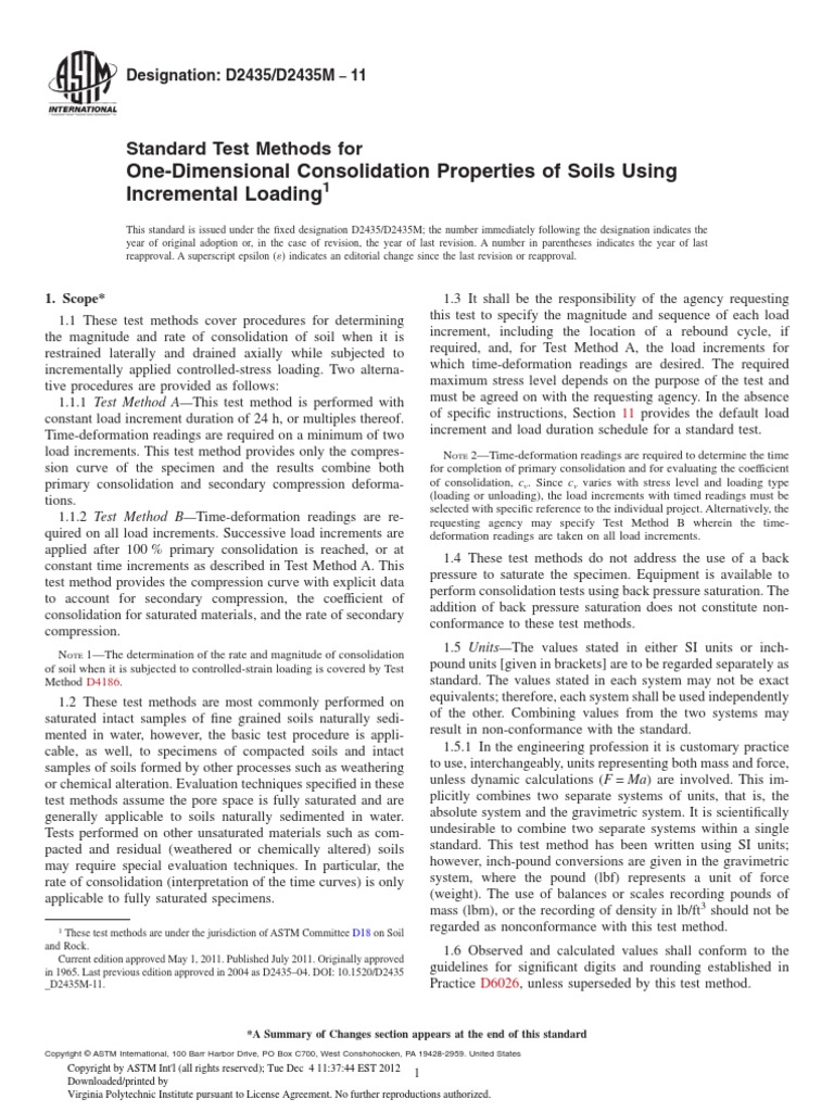 ASTM D2435 Standard Test Method For One-Dimensional Consolidation ...