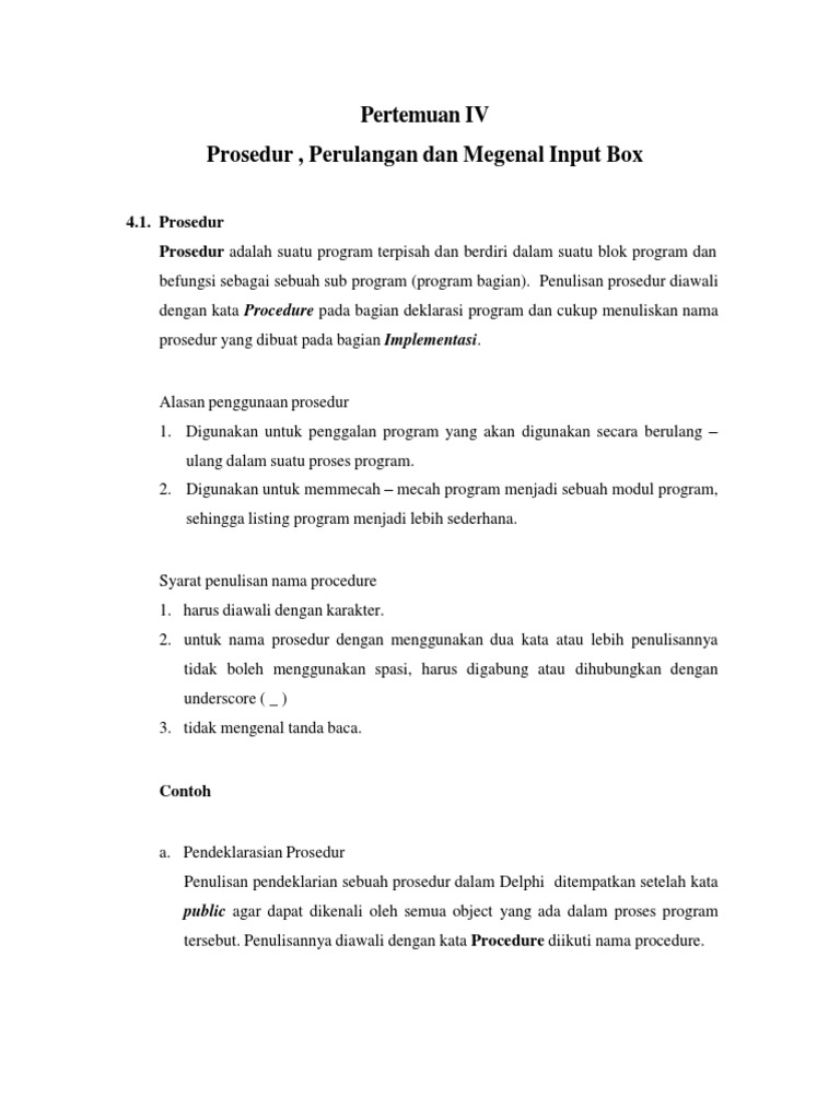 Pertemuan 4 Prosedur Perulangan Dan Megenal Input Box Pdf Metode And Bahan Ajar 