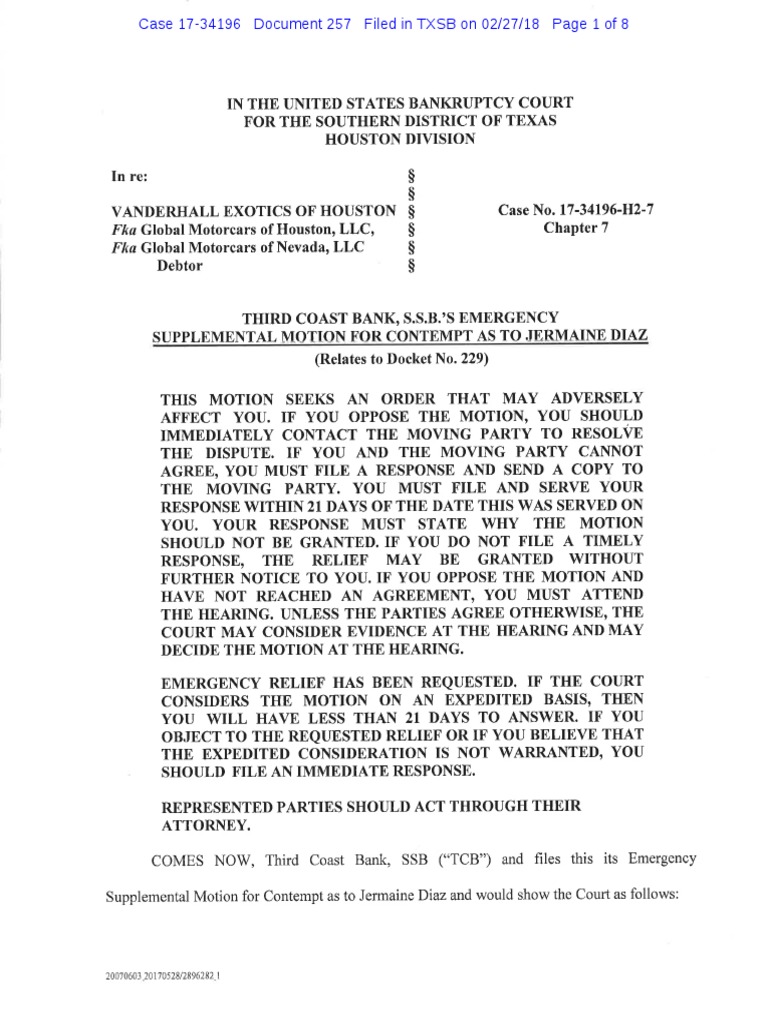 Motion For Contempt Against Jermaine Carlos Diaz | PDF | Chapter 7 ...