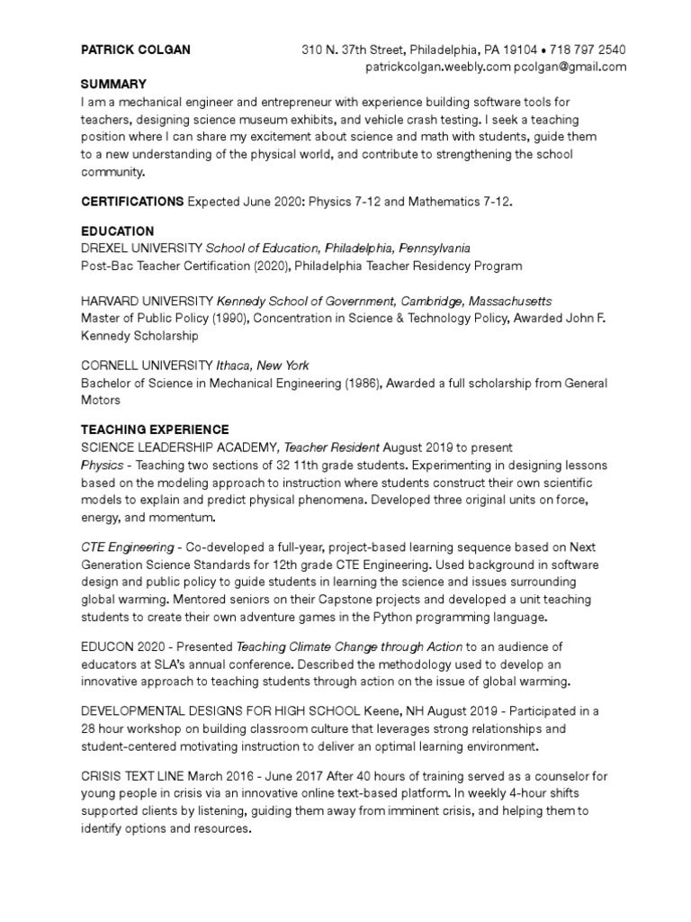 Patrick Colgan Resume Physics Math | PDF | Project Based Learning ...