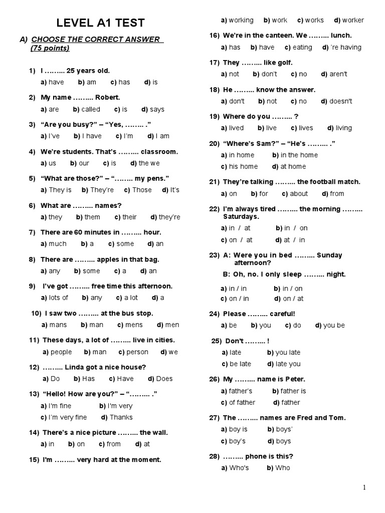 A1 Level English Test Questions | PDF | Lunch