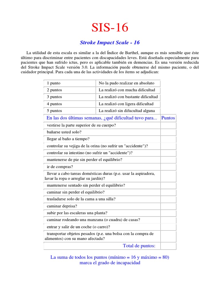 Sis 16 - Stroke Impact Scale | PDF