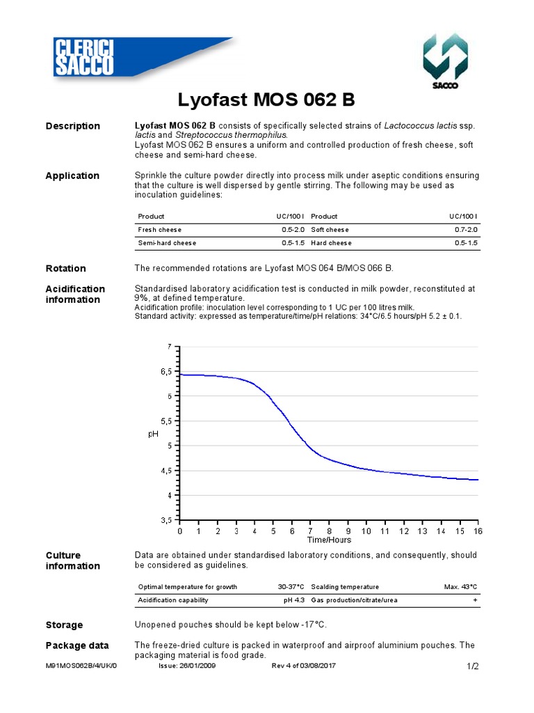 Lyofast MOS 062 B Culture for Cheese Production | PDF | Cheese | Milk