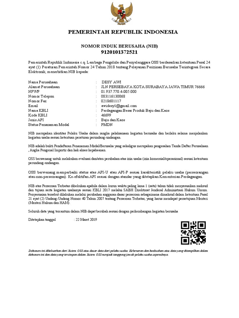 Contoh Sertifikat NIB | PDF