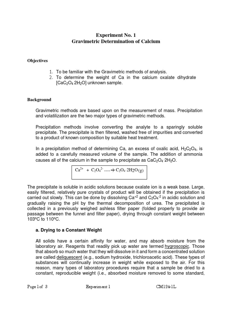 Experiment No. 1 Gravimetric Determination of Calcium: Objectives | PDF | Chemistry | Analytical ...