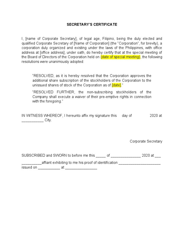 Secretary's Certificate Approving Additional Share Subscription | PDF
