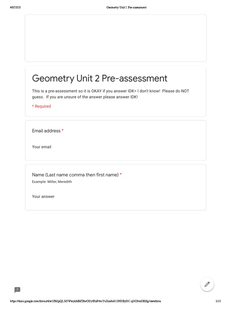 Geometry Unit 2 Pre-assessment Quiz | PDF | Euclid | Euclidean Geometry