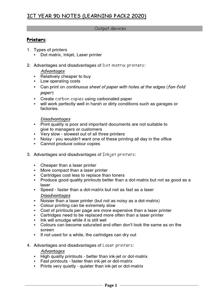 Ict Year 9D Notes (Learning Pack2 2020) : Printers | PDF | Printer ...