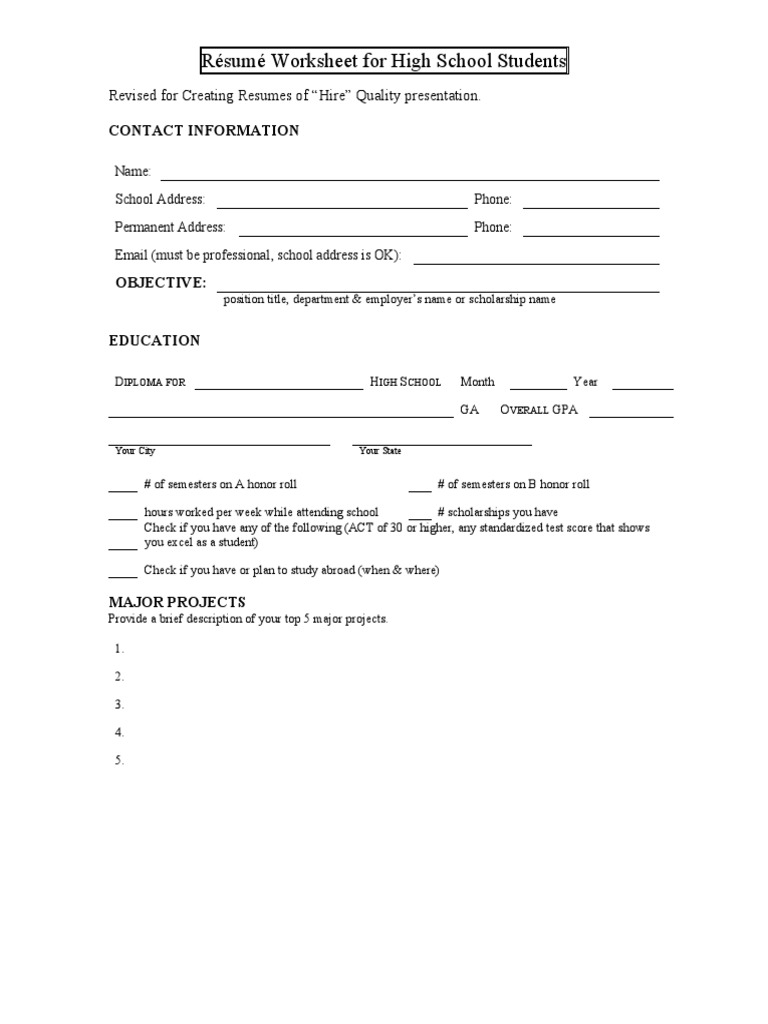 Résumé Worksheet For High School Students: Contact Information | PDF ...