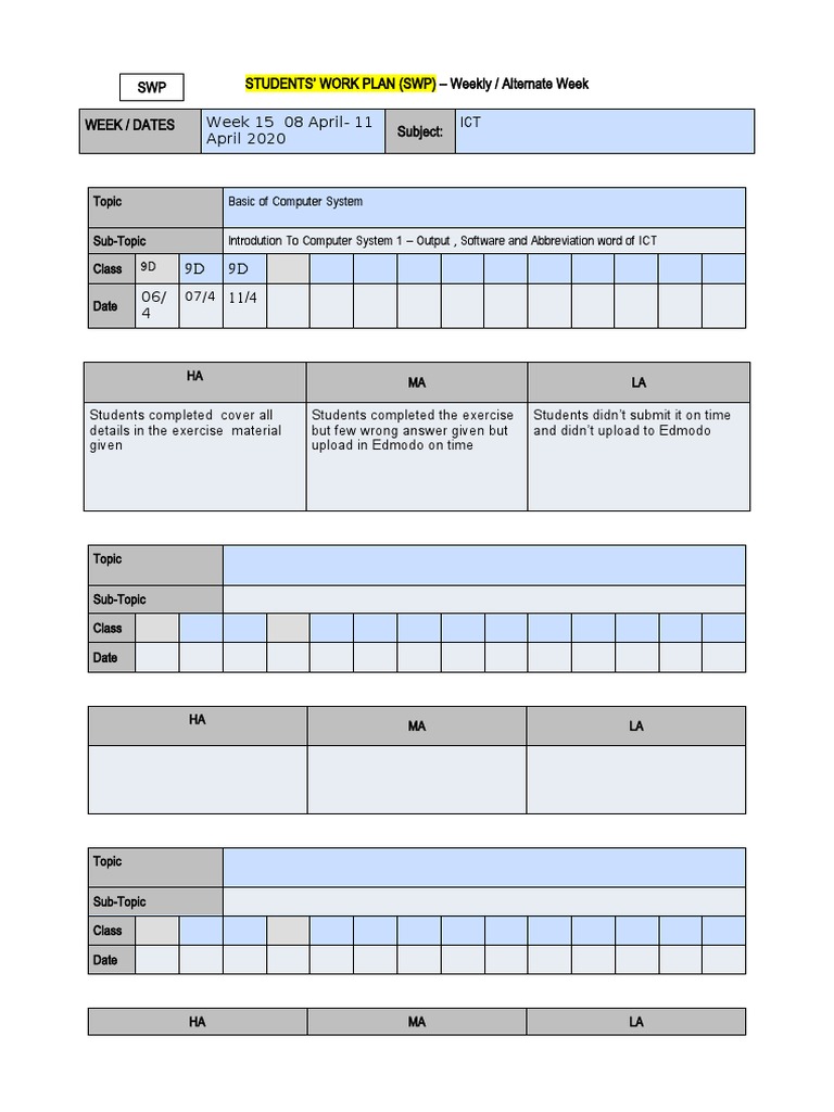 Student Work Plan Document Detailing Weekly Lessons, Topics, and ...