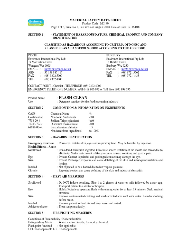 Flash Clean MSDS Issue 18 September 2018 PDF | PDF | Dangerous Goods ...