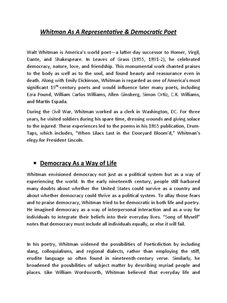 Whitman As A Representative Poet | PDF | Walt Whitman | Leaves Of Grass