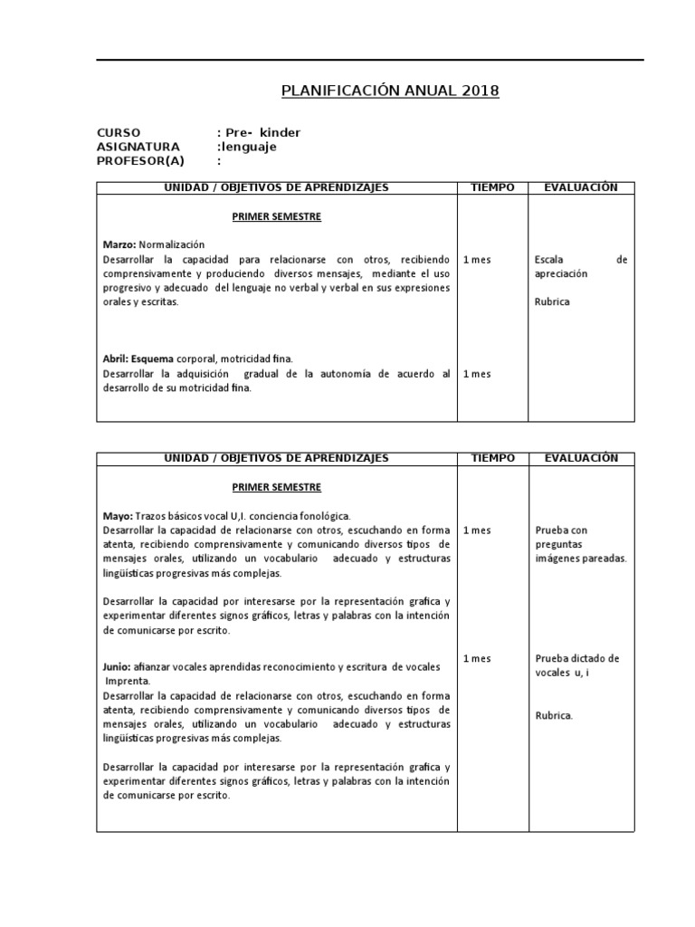 PLANIFICACION ANUAL Lenguaje - PRE KINDER | PDF | Palabra | Escritura