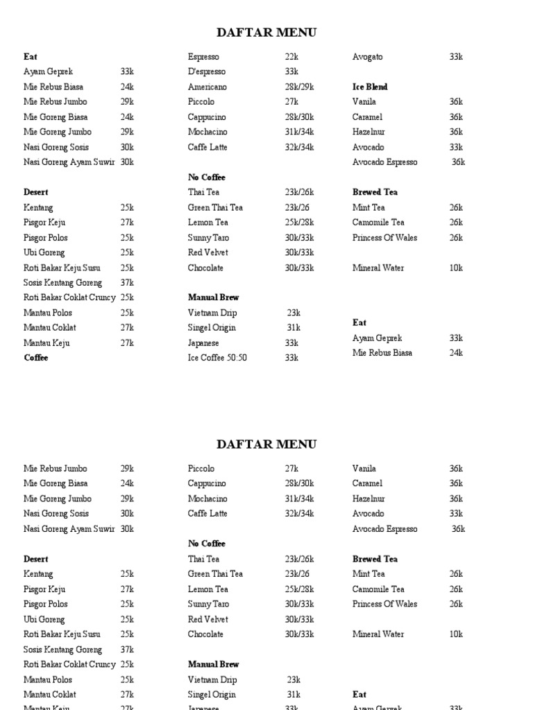 Daftar Menu | PDF | Non Alcoholic Drinks | Coffee
