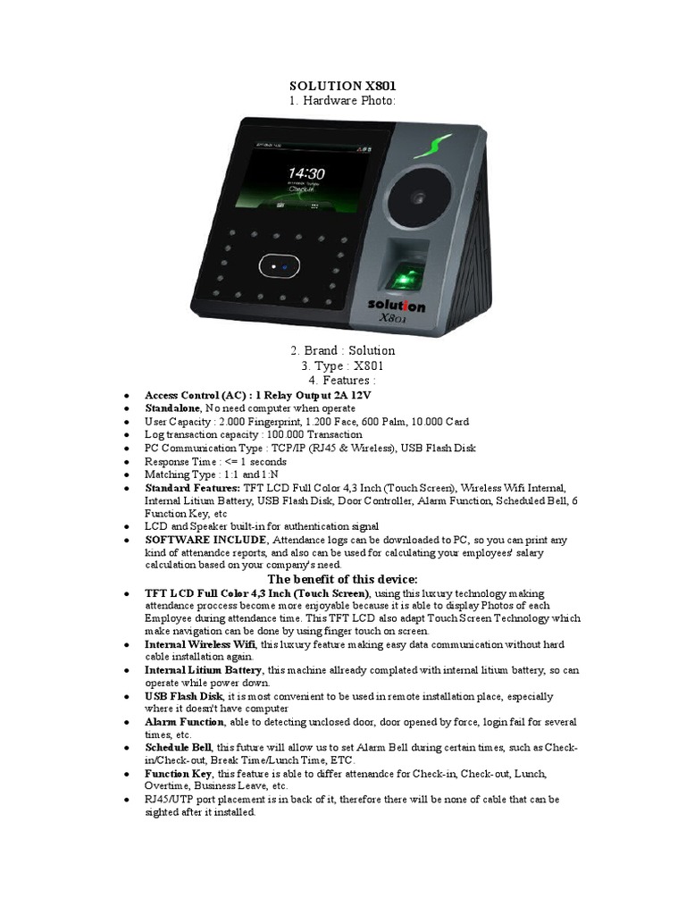 Solution X801: 1. Hardware Photo | PDF | Access Control | Usb