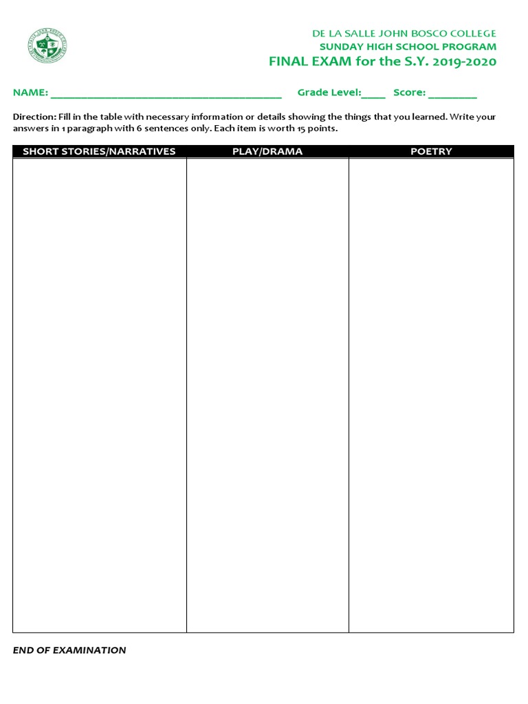 FINAL EXAM For The S.Y. 2019-2020: Short Stories/Narratives Play/Drama ...
