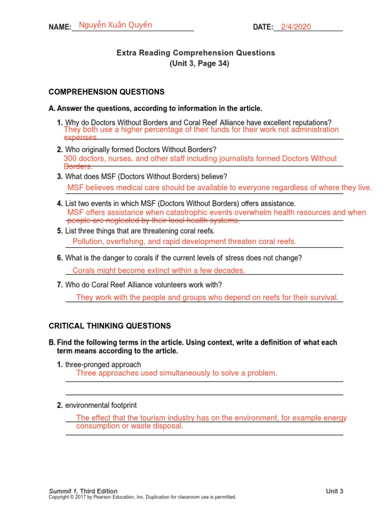 Extra Reading Comprehension Questions (Unit 3, Page 34) | PDF | Science ...