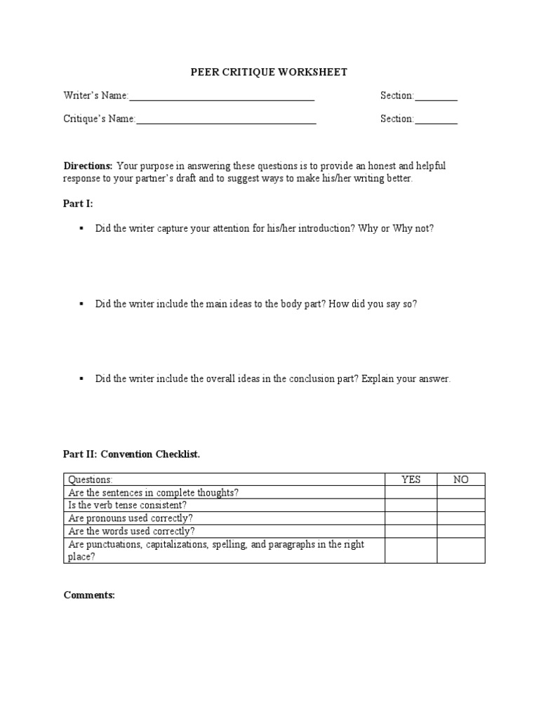 Peer Critique Worksheet | PDF | Language Arts & Discipline | Self ...