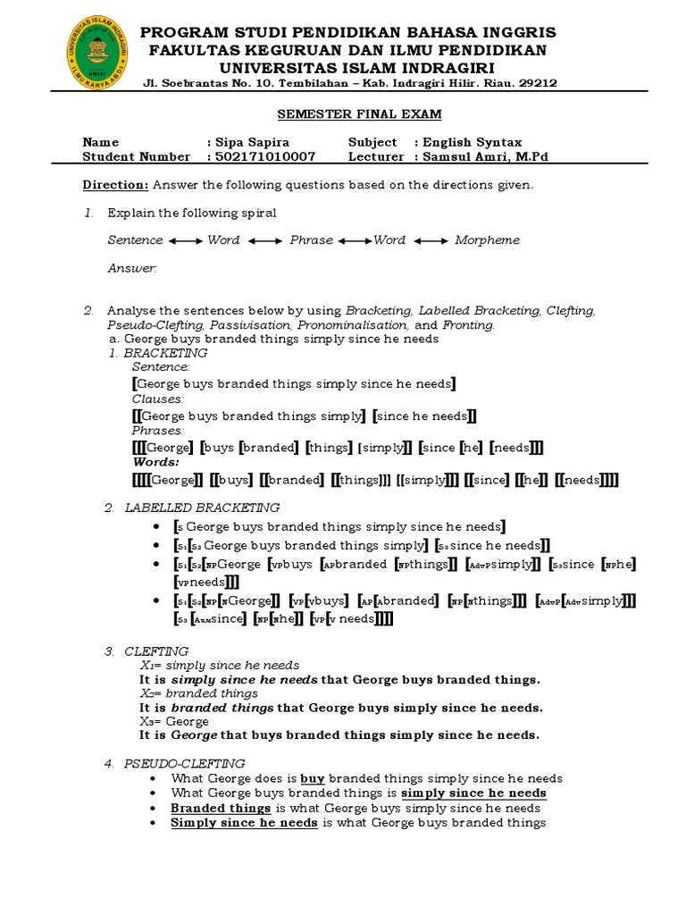 Sipa Sapira - English Syntax - Final Exam | PDF | Phrase | Semiotics