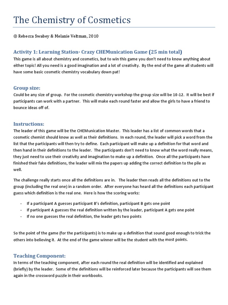 The Chemistry of Cosmetics: Activity 1: Learning Station Crazy ...