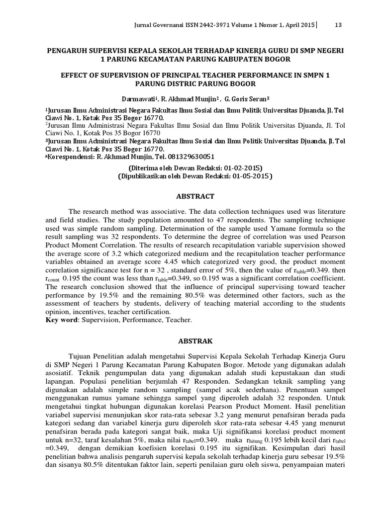 Effect of Principal Supervision on Teacher Performance in SMPN 1 Parung ...